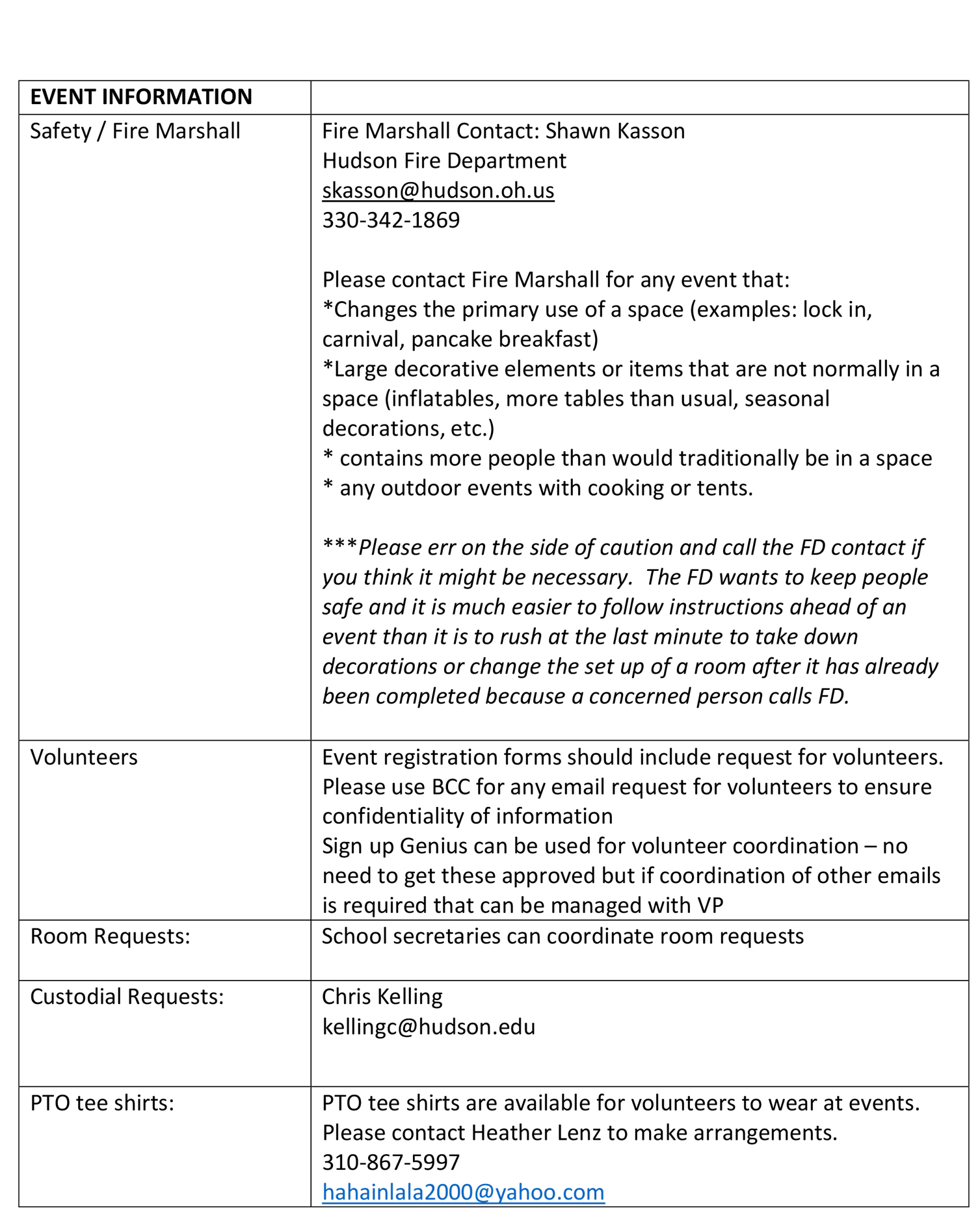 PTO Quick Reference Guide – Hudson Parent Teacher Organization